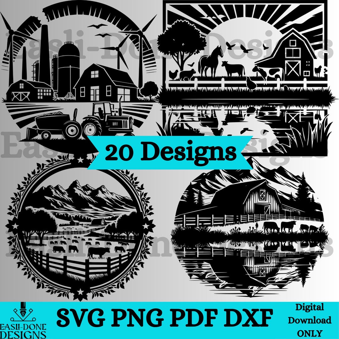 Barnyard SVG PNG Files, Square and Round Farm Silhouette Clipart Bundle ...