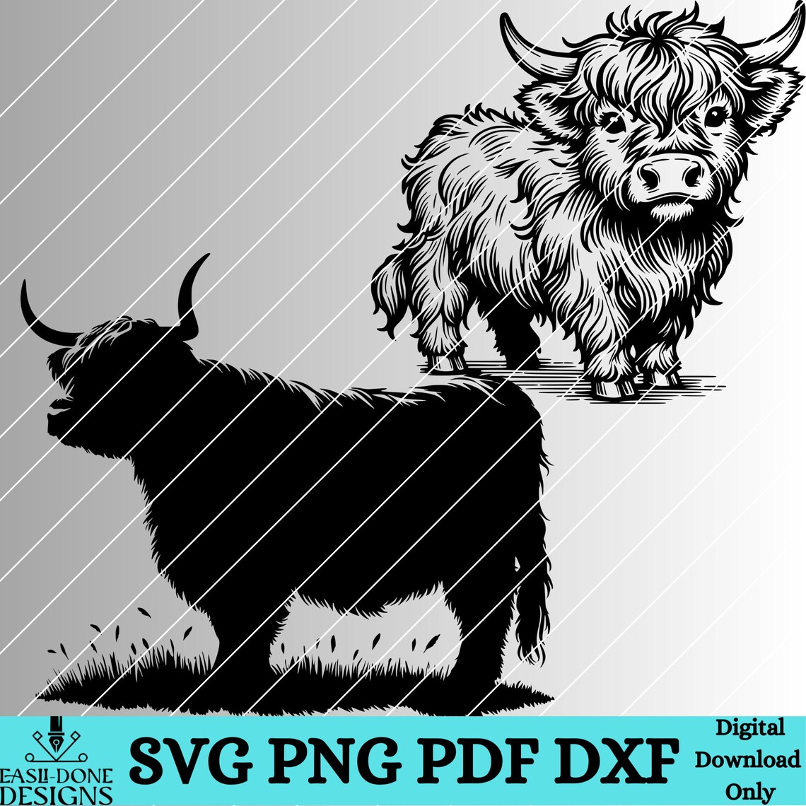 Highland Cow Outline Bundle - 10 Svg Png Pdf and Dxf Files Instant ...