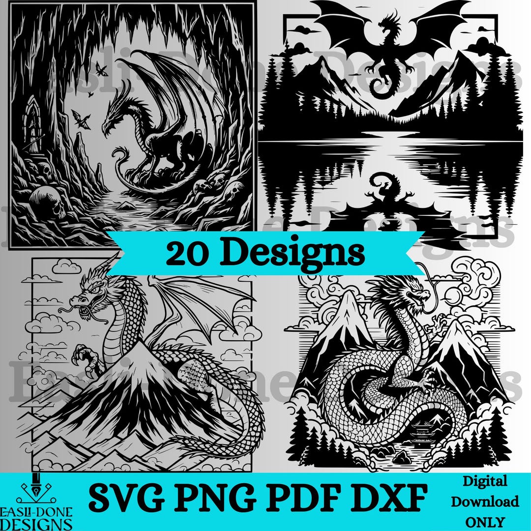Dragon SVG PNG Files Square Dragon Silhouette Clipart Bundle Laser ...