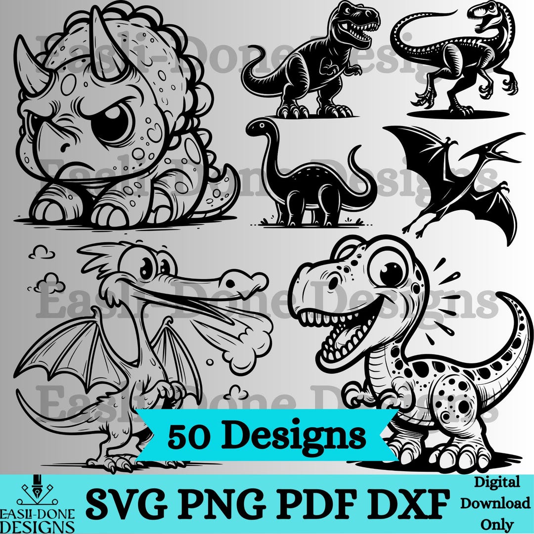 Dinosaur SVG Bundle: 50 Dino Outlines, Silhouettes & Clipart (digital ...