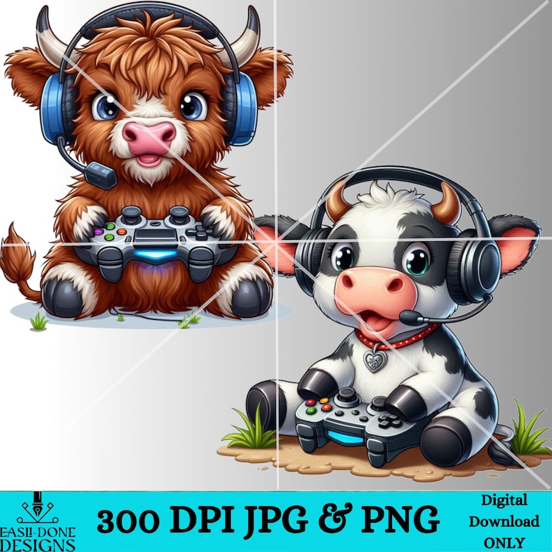 Gamer Farm Animals Clipart: Video Game Lover Gift, Highland Cow, Horse ...