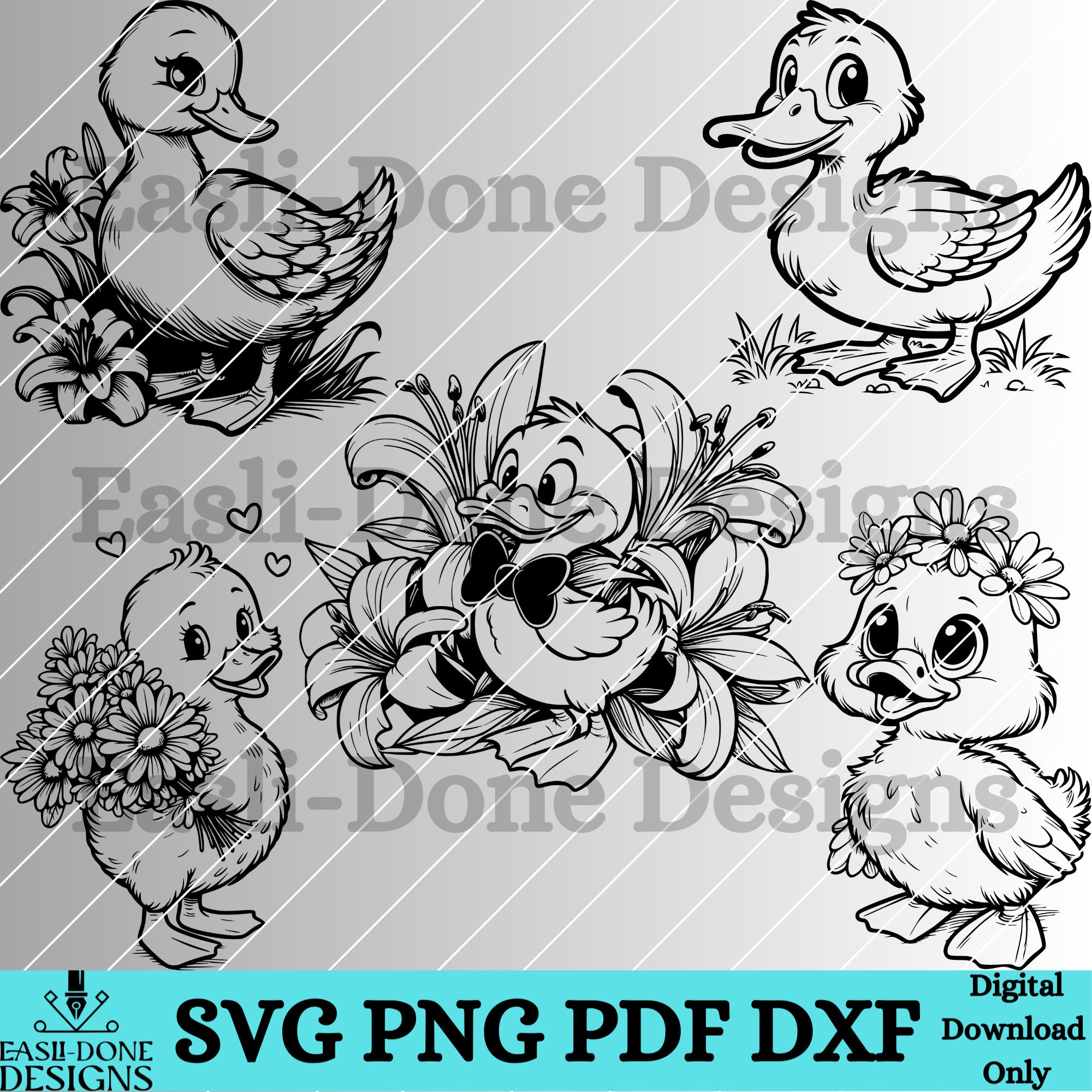 Duck SVG Outline Bundle PNG Pdf and Dxf Files, Cute Kawaii Duck Clipart ...