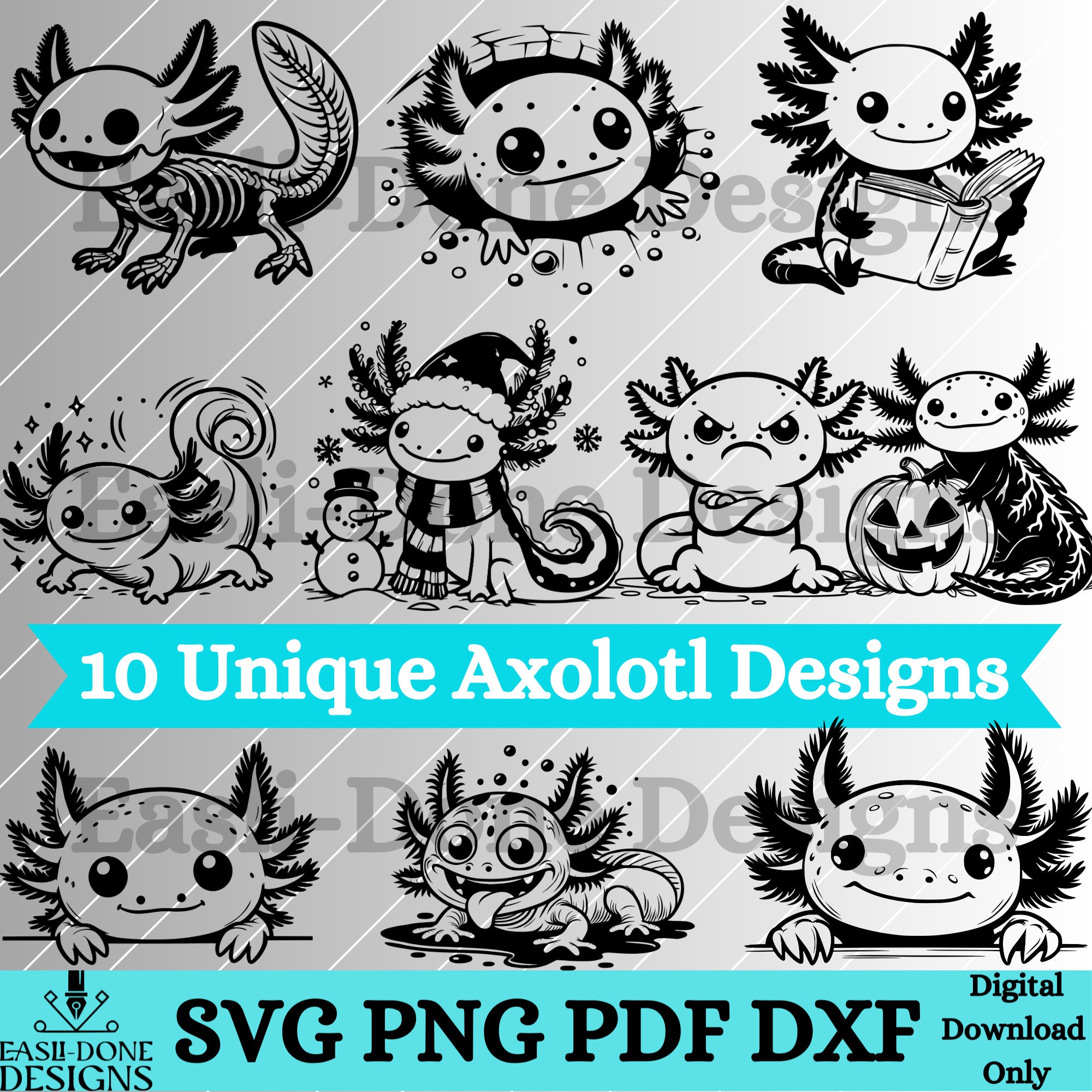 Axolotl Outline Bundle 10 Adorable SVG PNG Pdf and Dxf Files, Cute ...