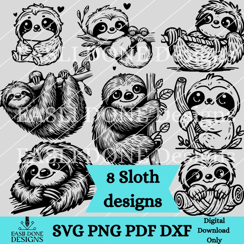 Sloth Outline Bundle 8 Svg Png Pdf and Dxf Files Instant Download, Cute ...