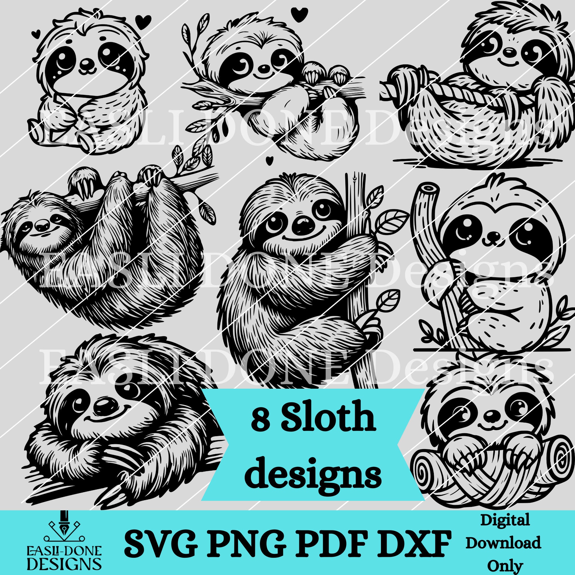 Sloth Outline Bundle 8 Svg Png Pdf and Dxf Files Instant Download, Cute ...