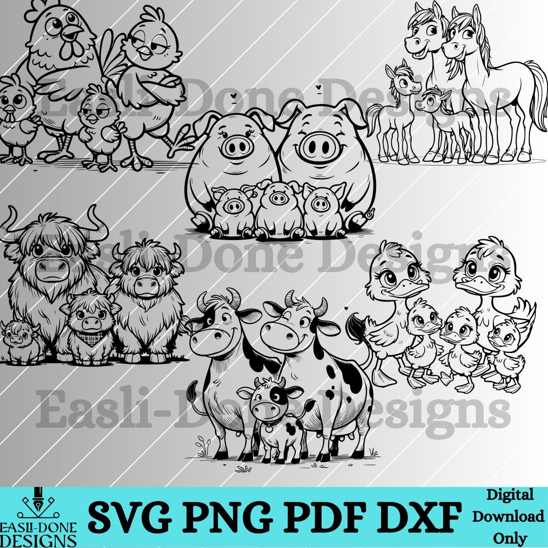 Family Farm Animal Outline Bundle SVG PNG Pdf and Dxf Files Instant ...