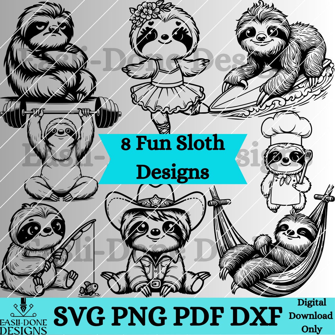 Sloth Svg Bundle 8 SVG PNG Pdf and Dxf Cute Kawaii Sloth Clipart ...