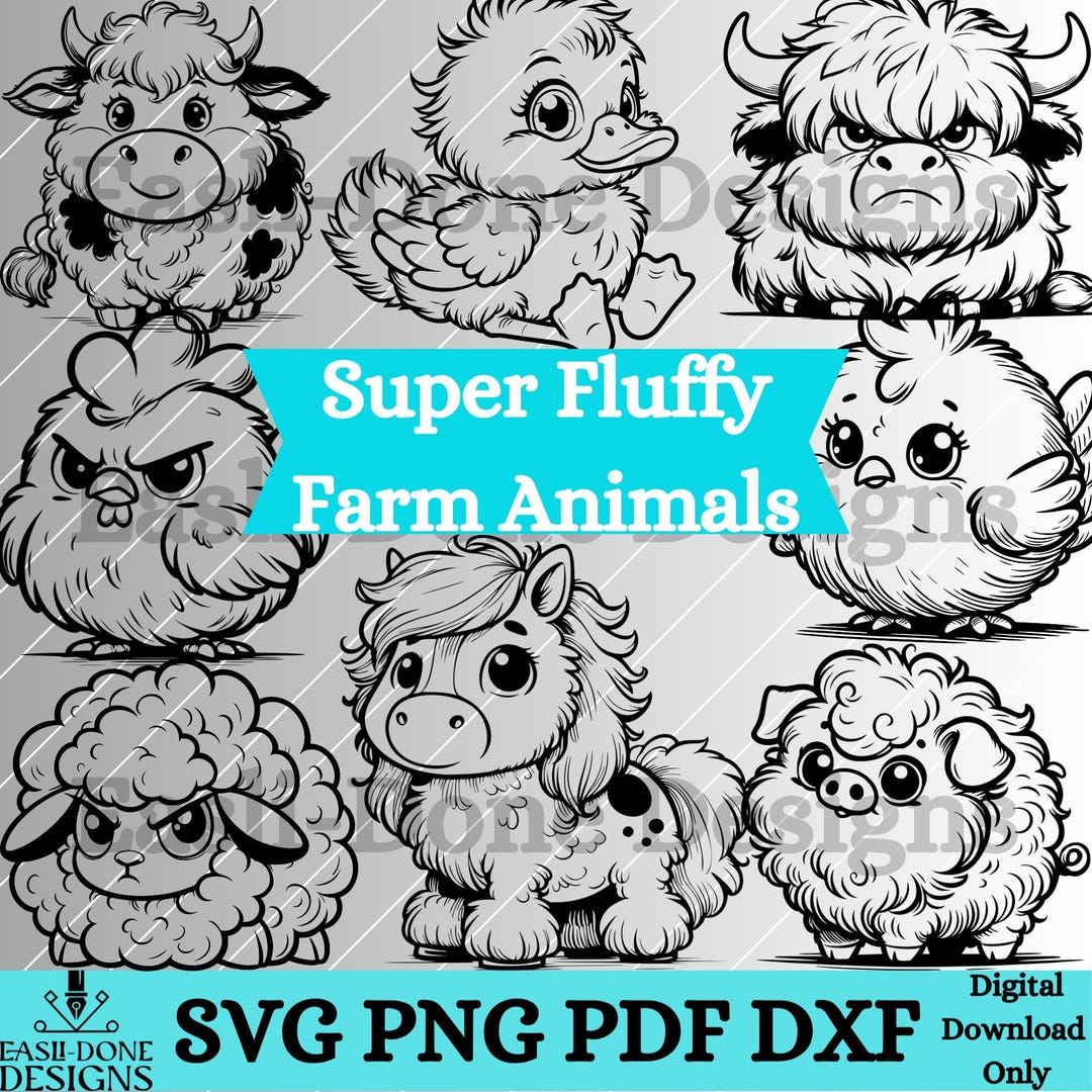 Fluffy Farm Animal Outline Bundle SVG PNG Pdf and Dxf Files Instant ...