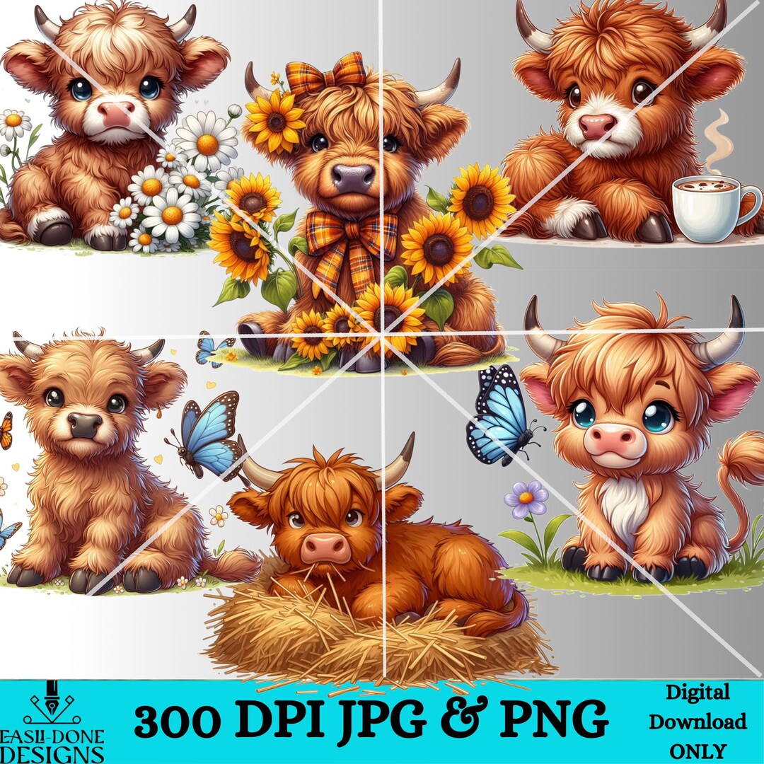 Baby Highland Cow PNG Clipart: Sunflower & Daisy Designs (digital ...