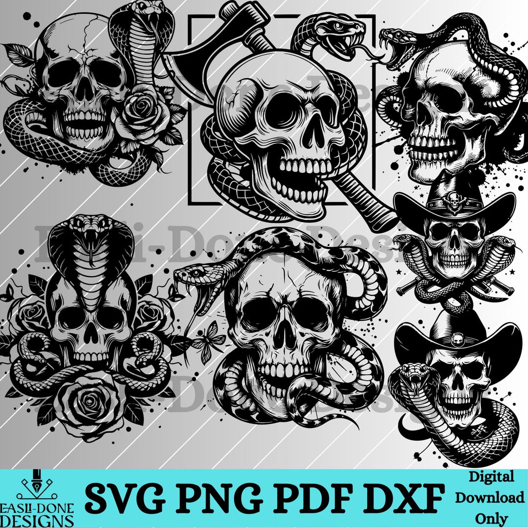 Snake Skull Outline Bundle SVG PNG Pdf and Dxf Files Instant Download ...
