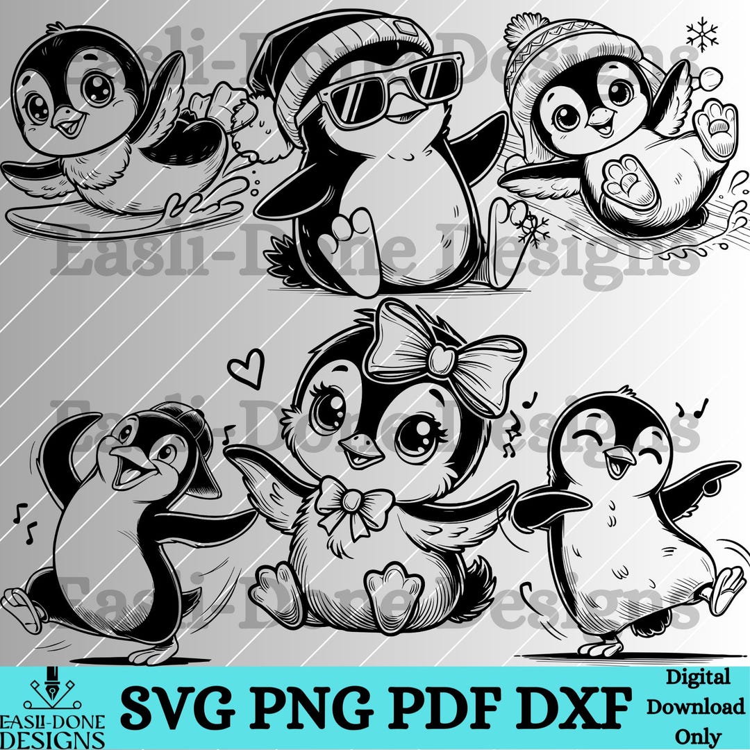 Penguin SVG Outline Bundle PNG Pdf and Dxf Files Instant Download Cute ...