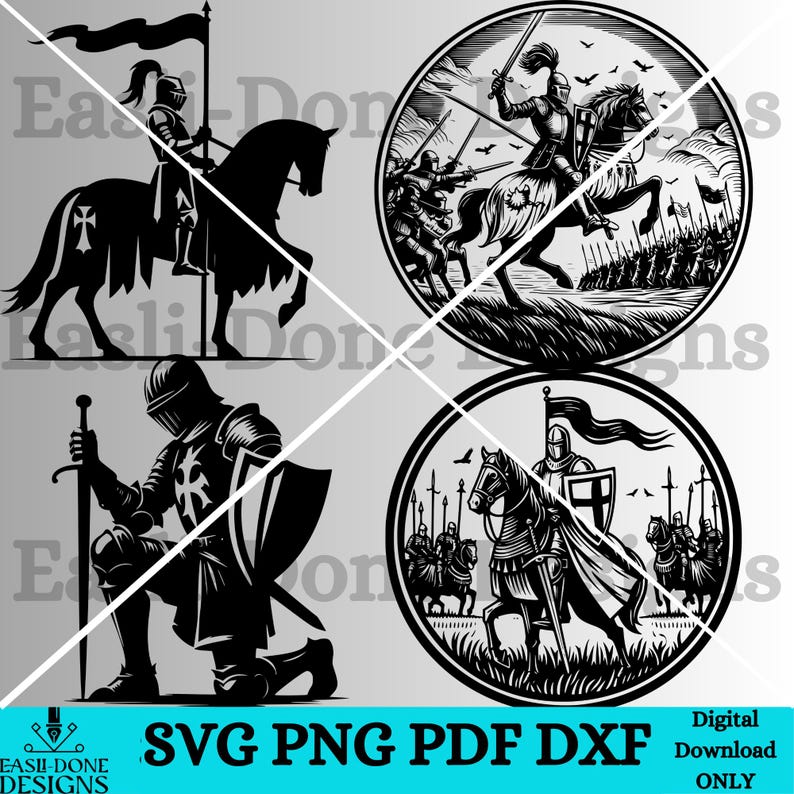 Ritter SVG PNG-Dateien Mittelalterliche Ritter Umriss Silhouette Clipart Bundle Laser Gravur ...