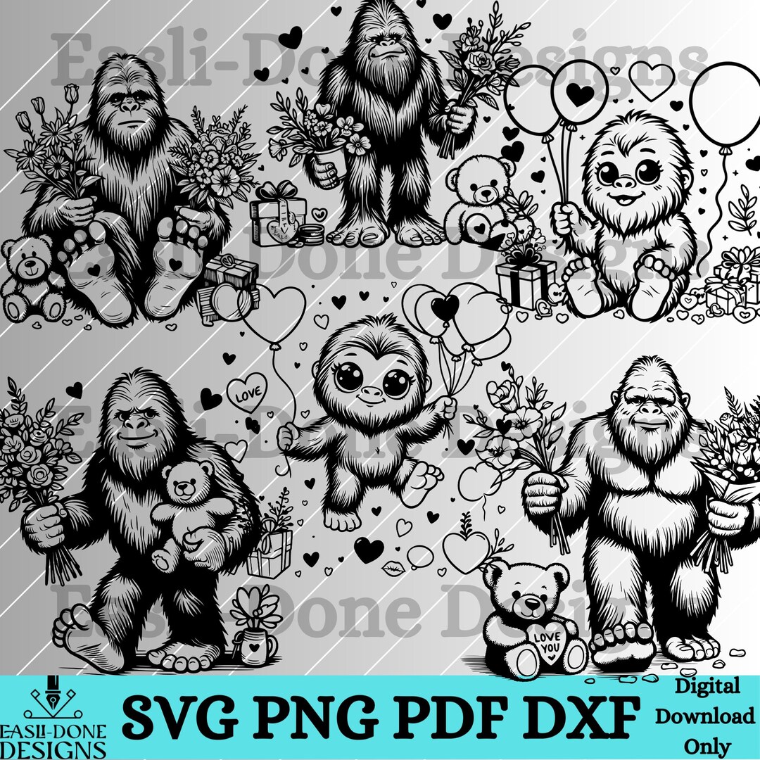 Bigfoot Valentine Hearts SVG Bundle: Sasquatch Floral Design (digital ...