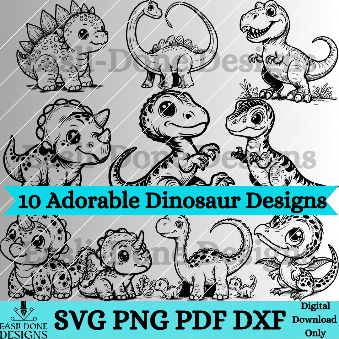 Dinosaur Bundle 10 Adorable SVG PNG Pdf and Dxf Files, Cute Kawaii ...