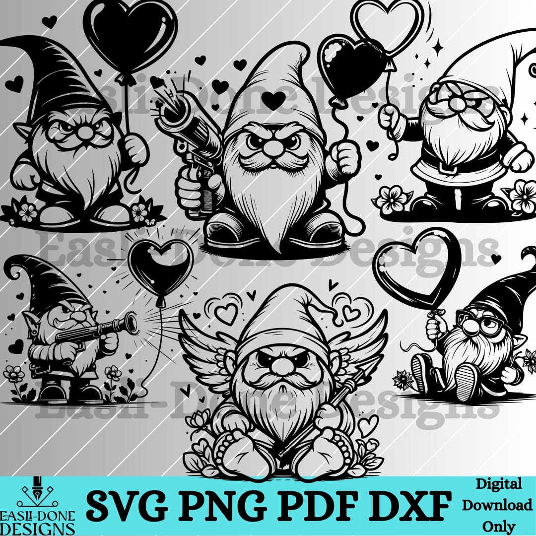 Grumpy Gnomes Valentine Outline Designs Bundle SVG PNG Pdf Dxf File ...