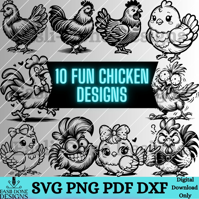 Chicken SVG PNG Pdf and Dxf File Bundle 10 Cut Files Trendy Farm Animal ...