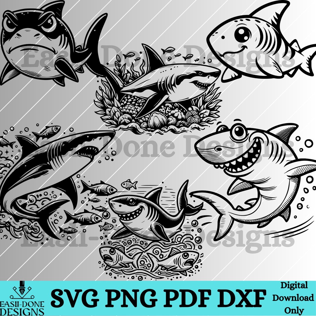 Shark Outline Bundle SVG PNG Pdf and Dxf Files Instant Download ...