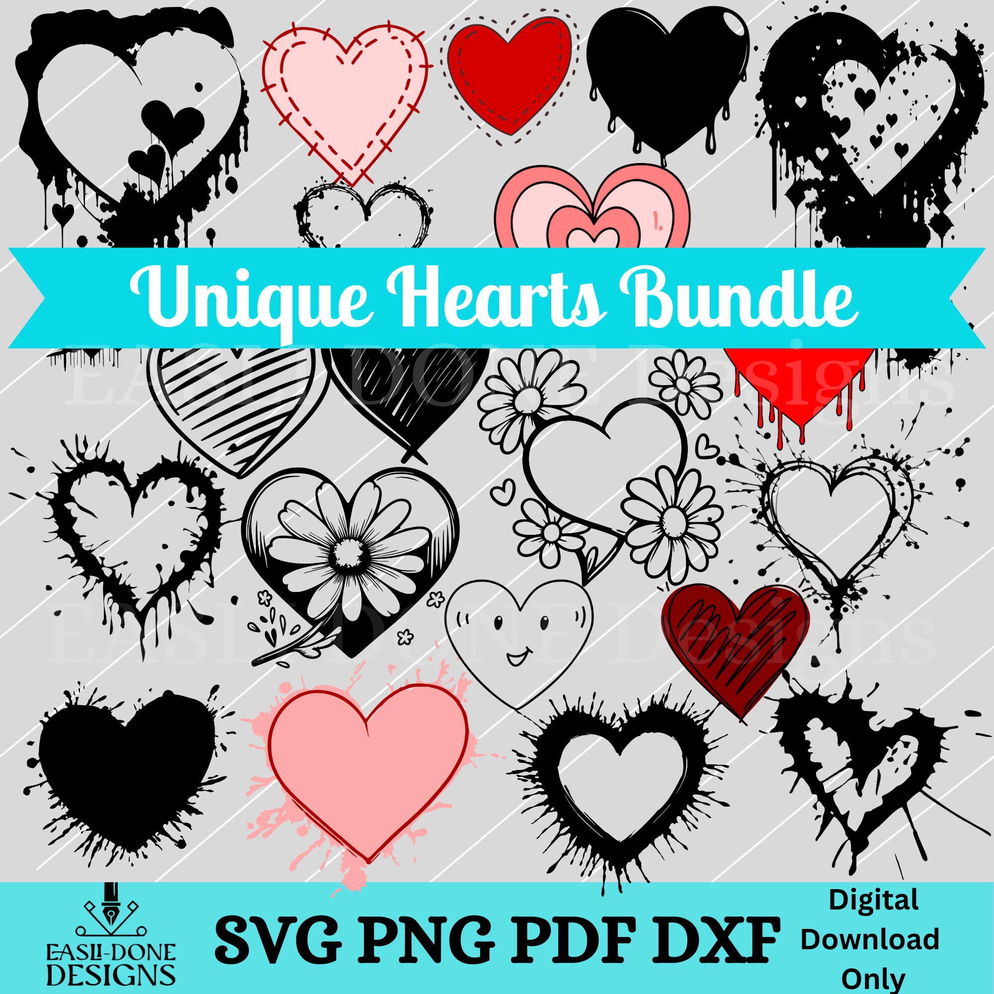 Unique Hearts SVG PNG Bundle Collection of 20 Hand Drawn and Modern ...