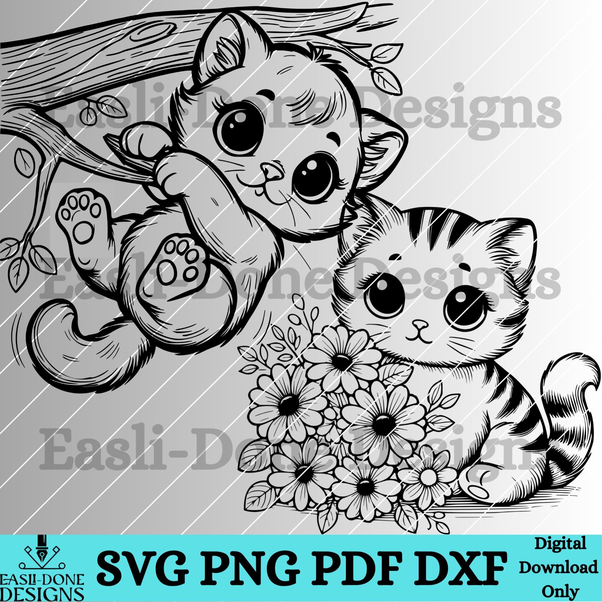Kitten Outline SVG PNG Pdf and Dxf Files Instant Download Kawaii Cute ...