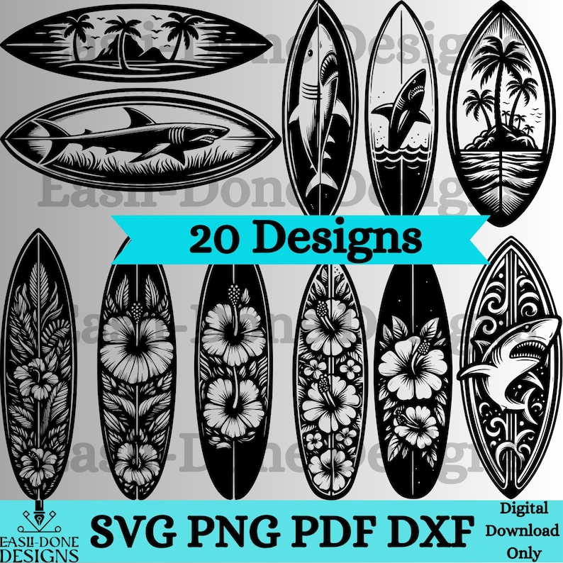 Surfboard SVG Bundle: Island & Shark Silhouette Designs (digital ...