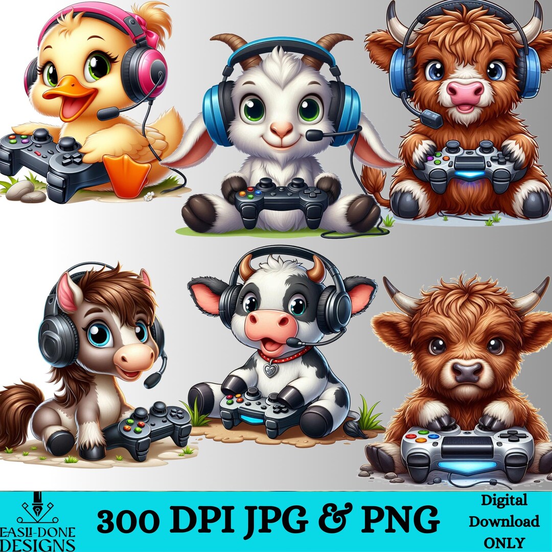 Gamer Farm Animals Clipart: Video Game Lover Gift, Highland Cow, Horse ...