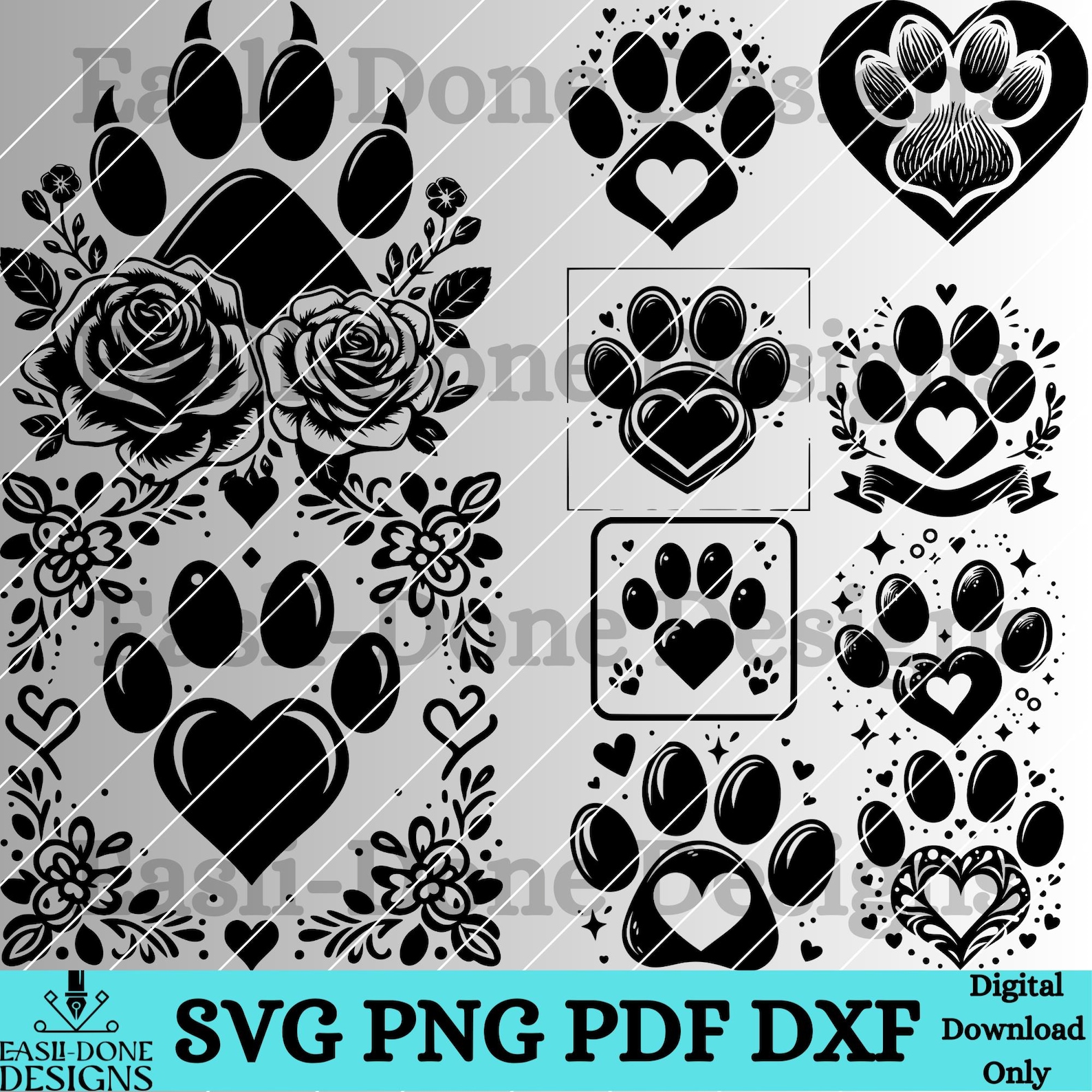 Pet Paw Print SVG Bundle: Heart Silhouette Designs (digital Download ...