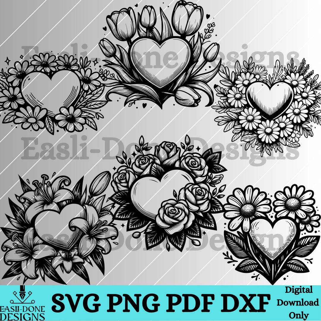 Floral Heart Svg, Flower Outline Svg Daisy Heart Svg Png Tulip Hearts ...