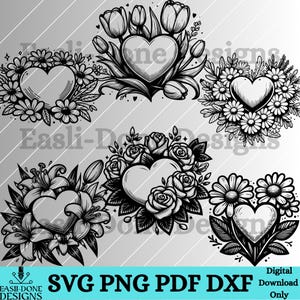Floral Heart Svg, Flower Outline Svg Daisy Heart Svg Png Tulip Hearts ...