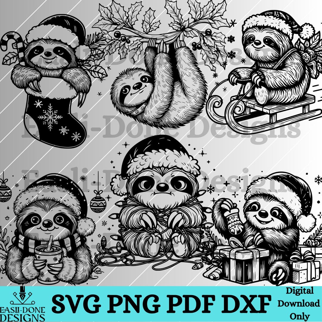 Sloth Christmas Outline Bundle SVG PNG Pdf and Dxf Files Laser and Cut ...