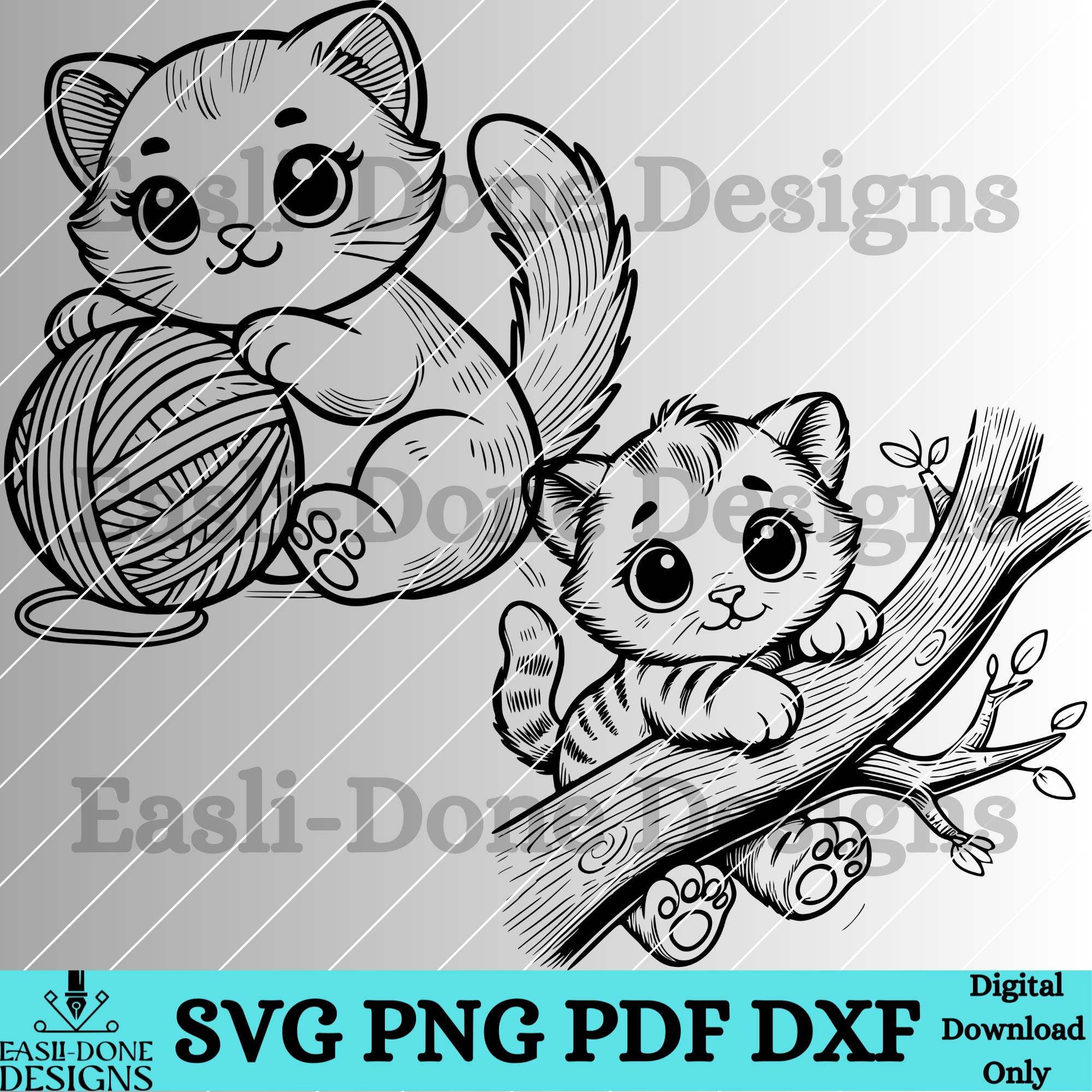 Kitten Outline SVG PNG Pdf and Dxf Files Instant Download Kawaii Cute ...