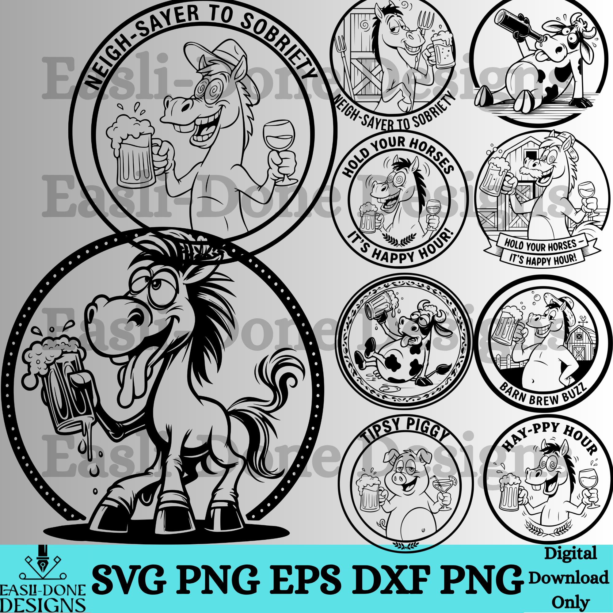 Funny Tipsy Farm Animal Coaster SVG Bundle: Round Barnyard Bar Sign ...