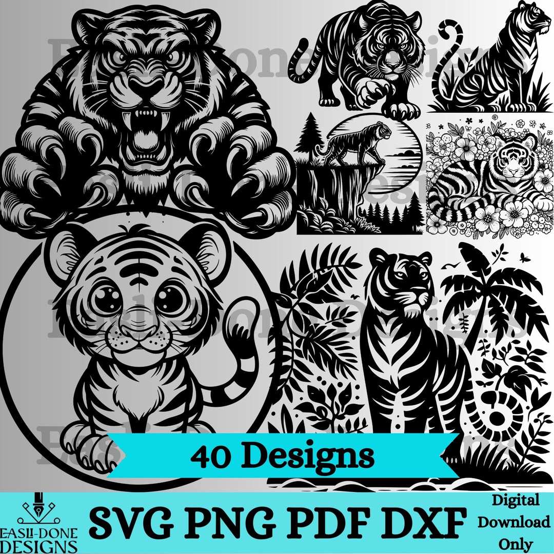 Tiger Bundle SVG PNG Pdf and Dxf Files Instant Download, Kawaii Jungle ...