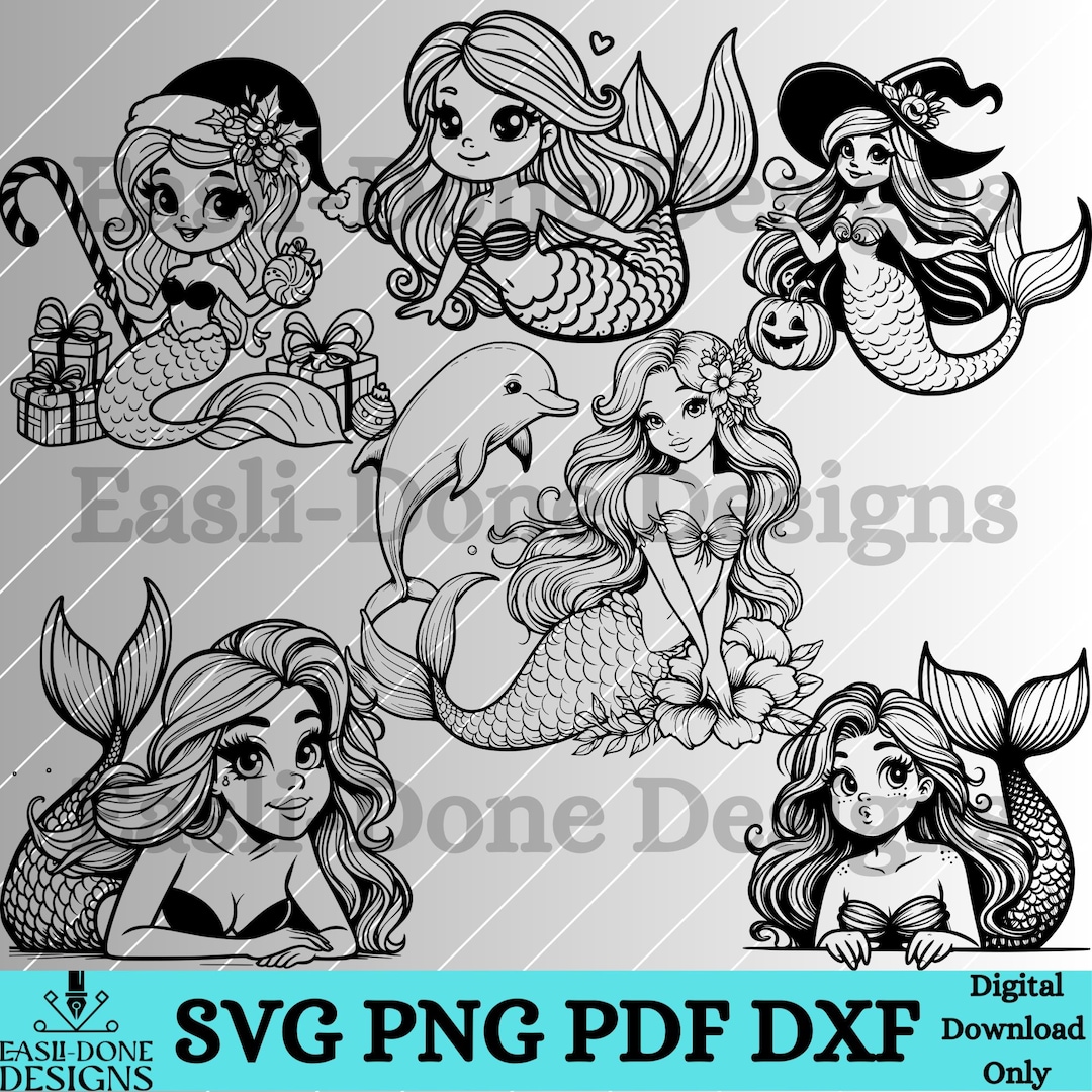 Mermaids Outline Digital File Bundle SVG PNG Pdf Dxf Files Laser and ...