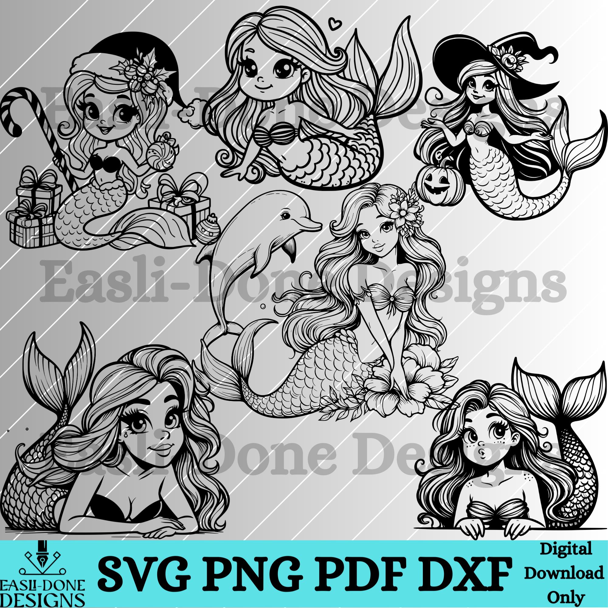 Mermaids Outline Digital File Bundle SVG PNG Pdf Dxf Files Laser and ...