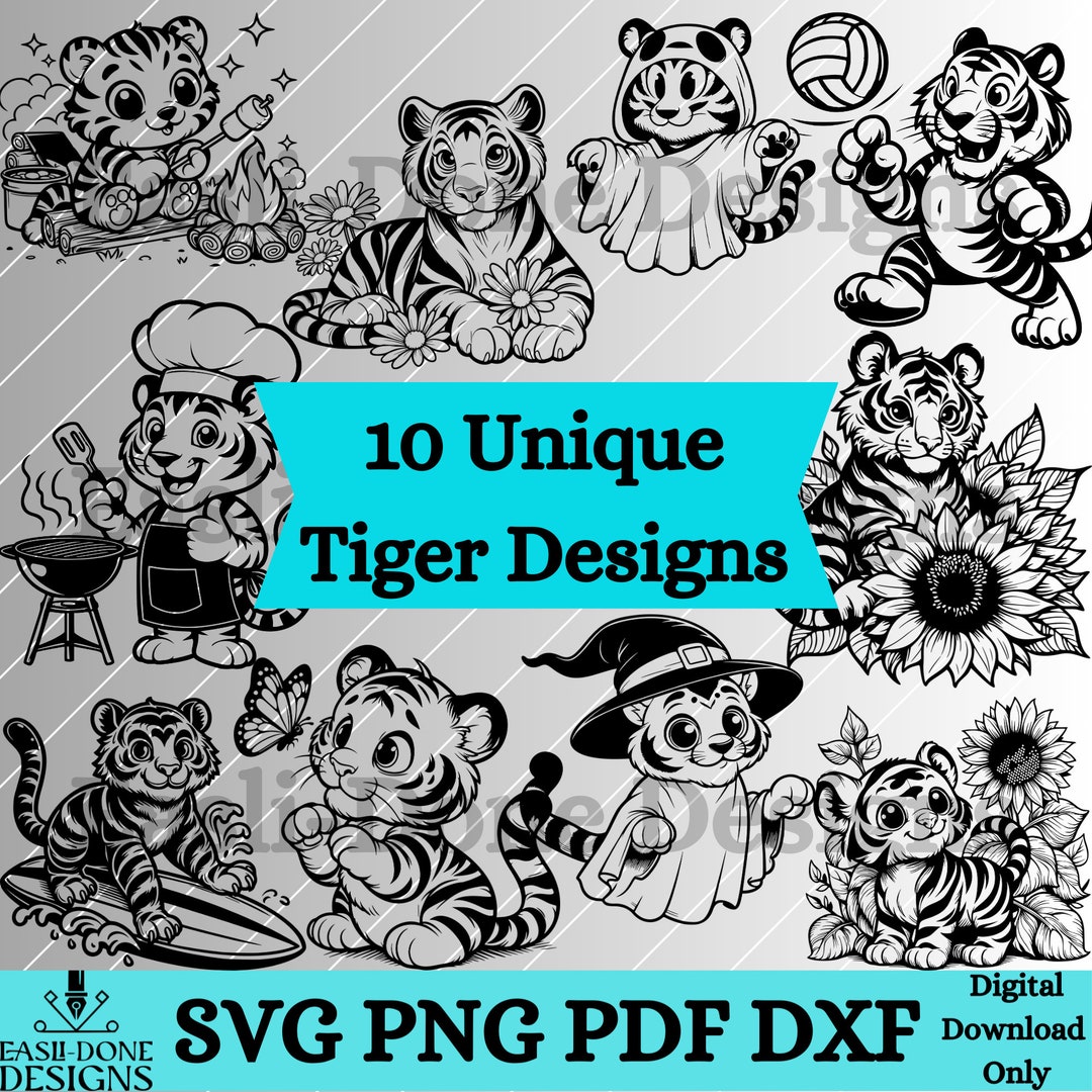 Tiger Bundle of 10 SVG PNG Pdf Dxf File Adventure Tiger Clipart Designs ...
