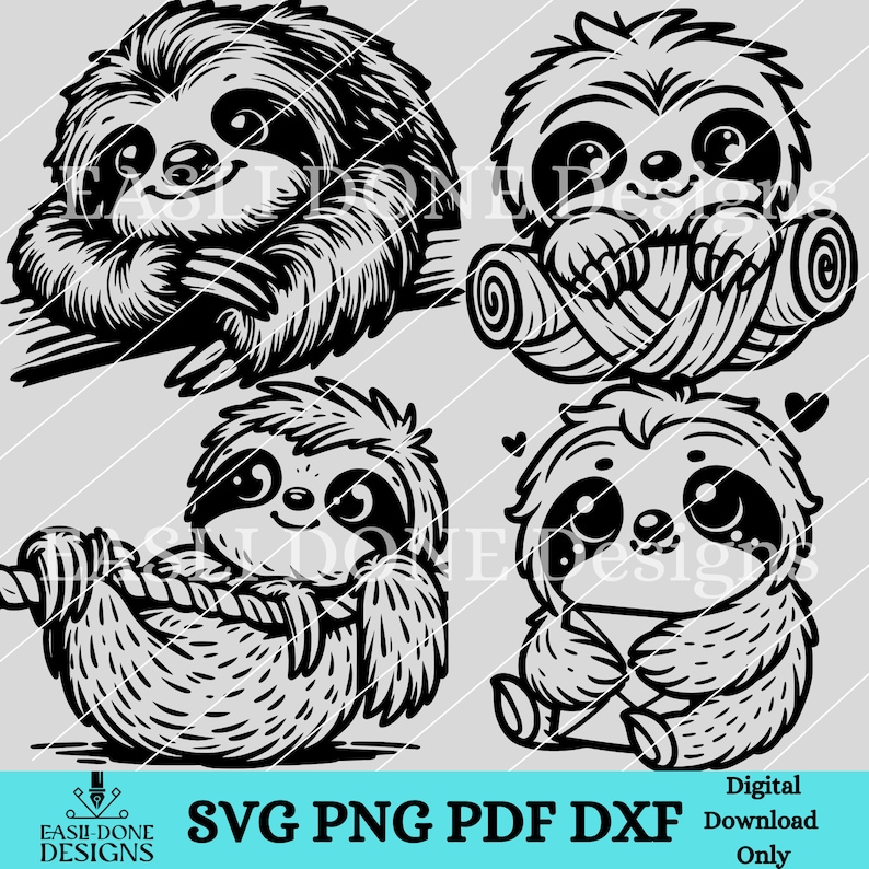 Sloth Outline Bundle 8 Svg Png Pdf and Dxf Files Instant Download, Cute ...