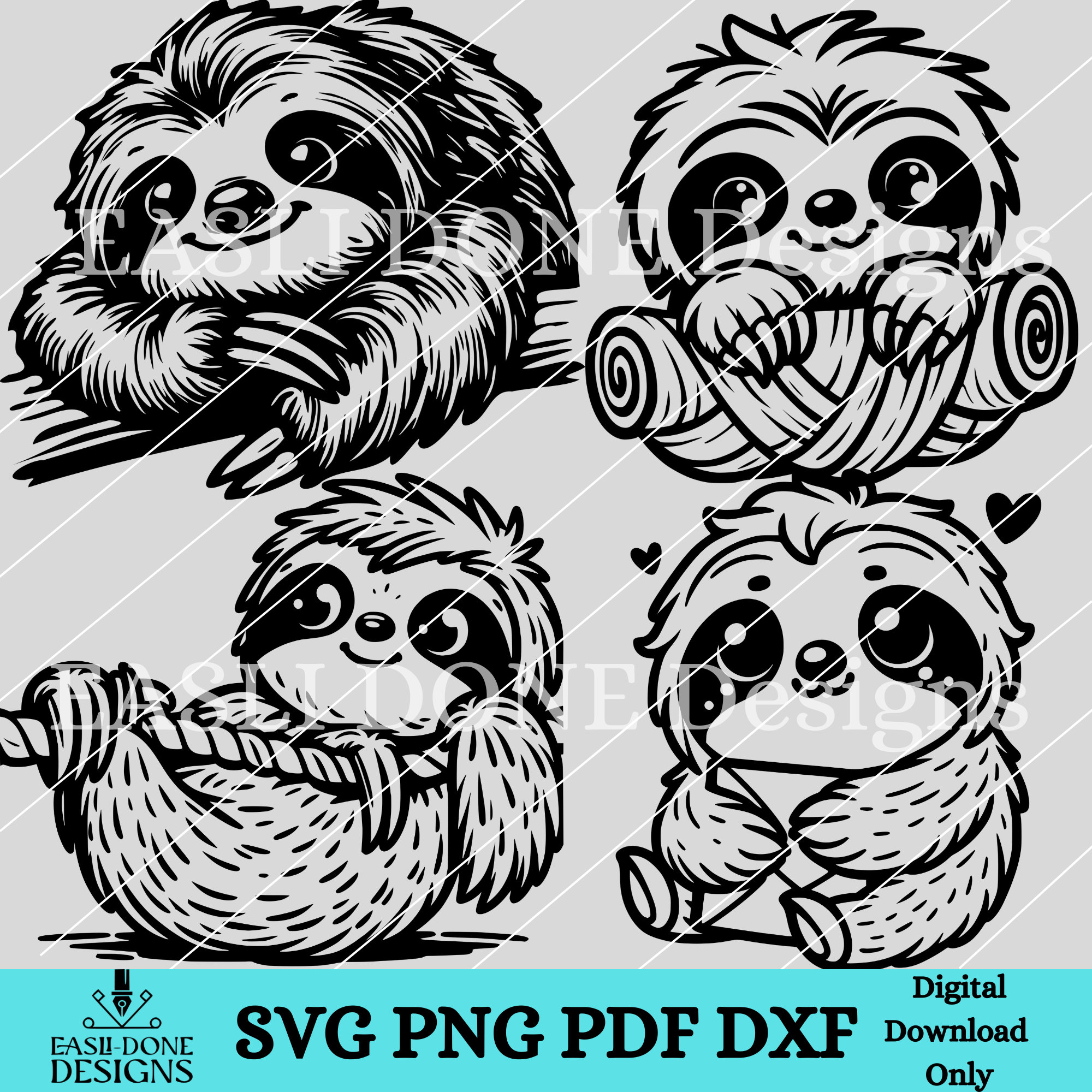 Sloth Outline Bundle 8 Svg Png Pdf and Dxf Files Instant Download, Cute ...
