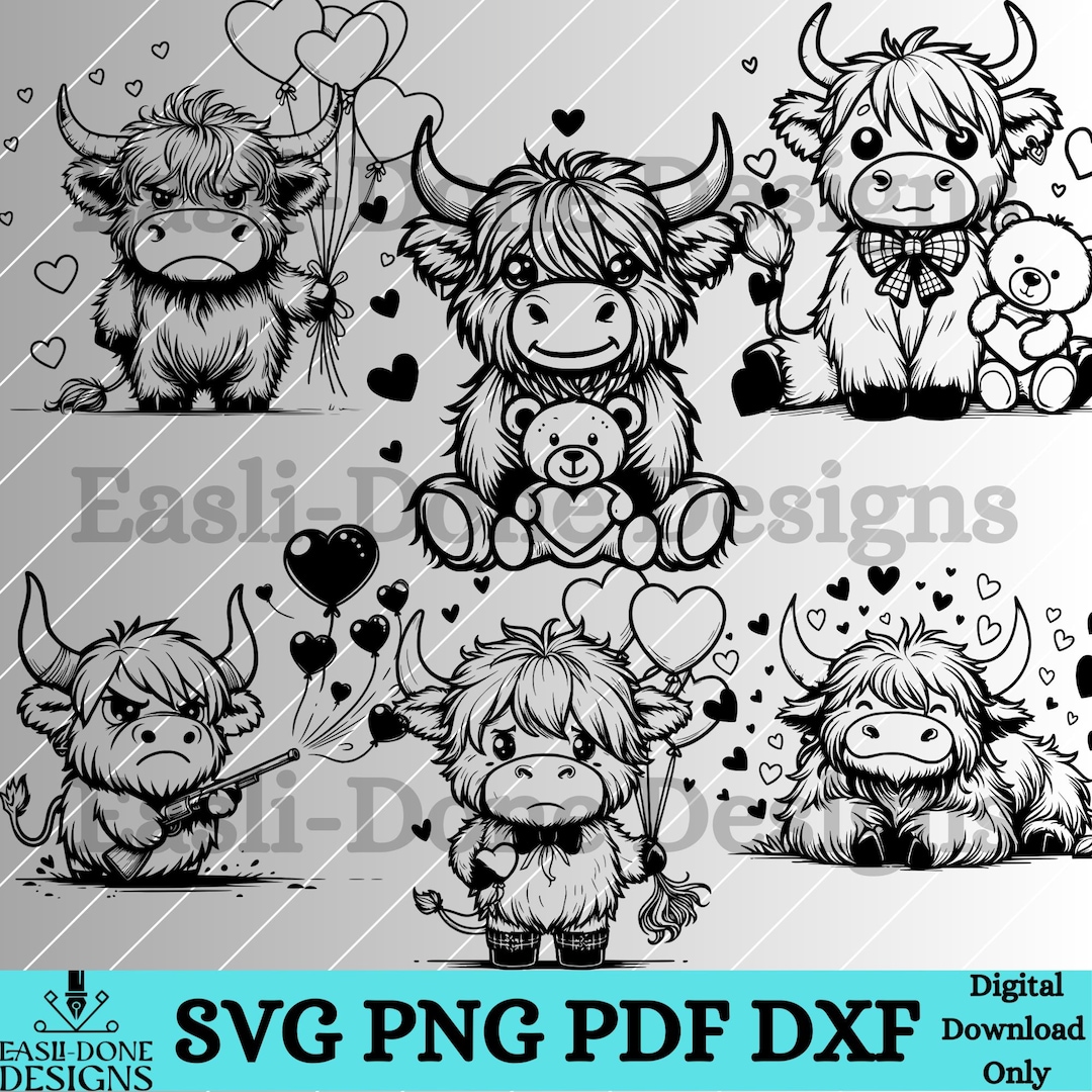 Highland Cow Valentine Outline Bundle SVG PNG Pdf and Dxf Files Laser ...