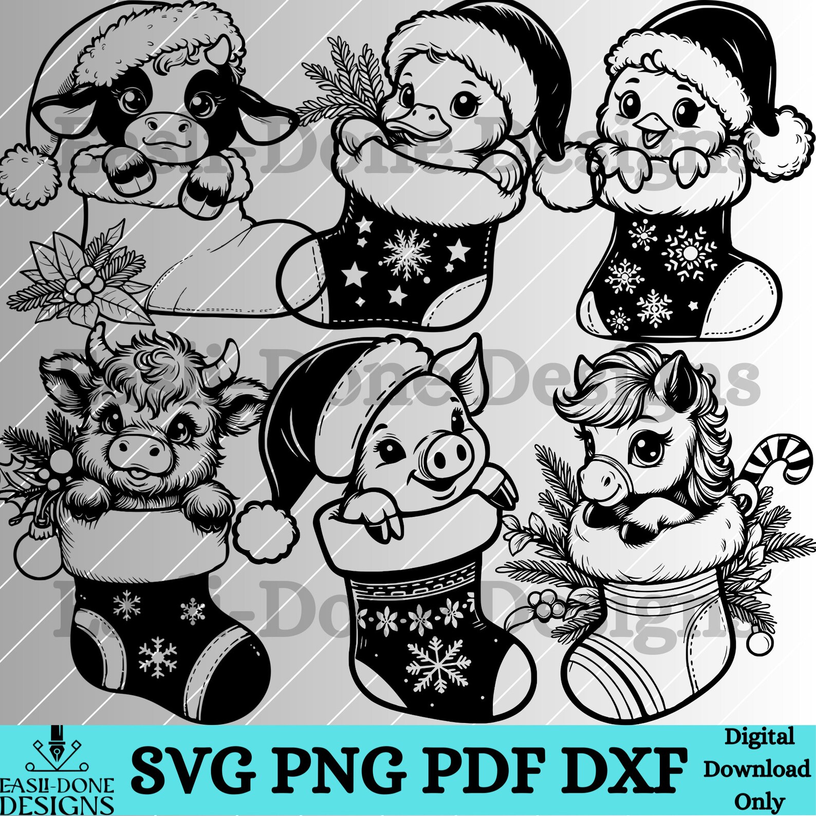 Christmas Stocking Farm Animal Outline Bundle SVG PNG Pdf and Dxf Files ...