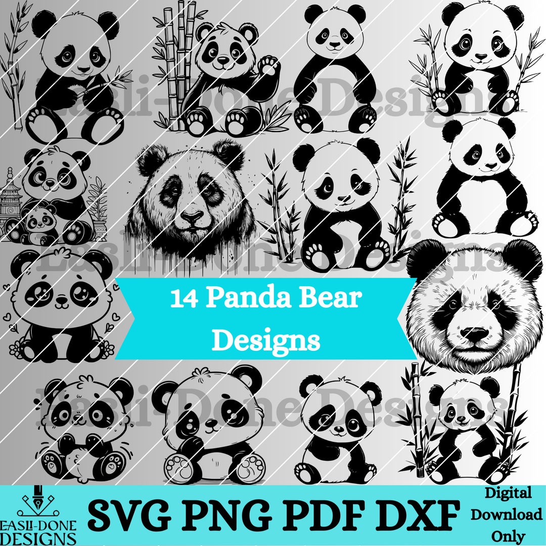 Panda Bear Outline Doodle Bundle 14 Svg Png Pdf and Dxf Files Instant ...