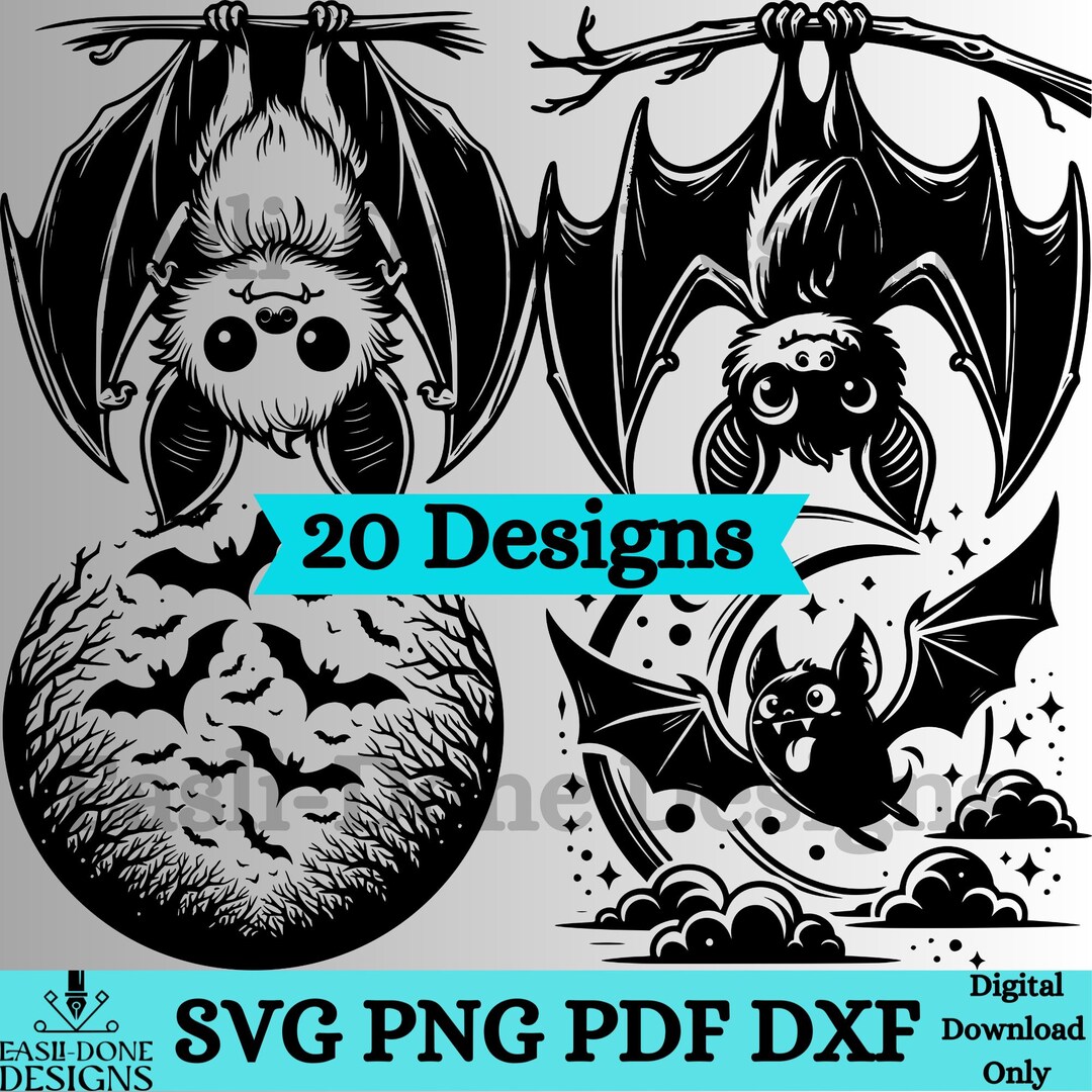 Bats SVG PNG Files, Bat Svg Silhouette Clipart Bundle, Round & Square ...