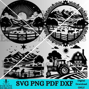 Barnyard SVG PNG Files, Square and Round Farm Silhouette Clipart Bundle ...