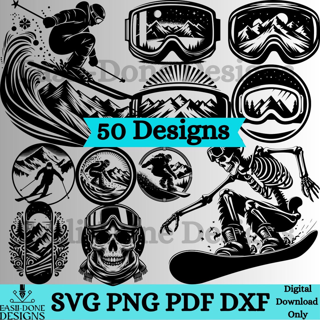 Ski SVG PNG Files Snowboarding Outline, Silhouette Clipart Bundle ...