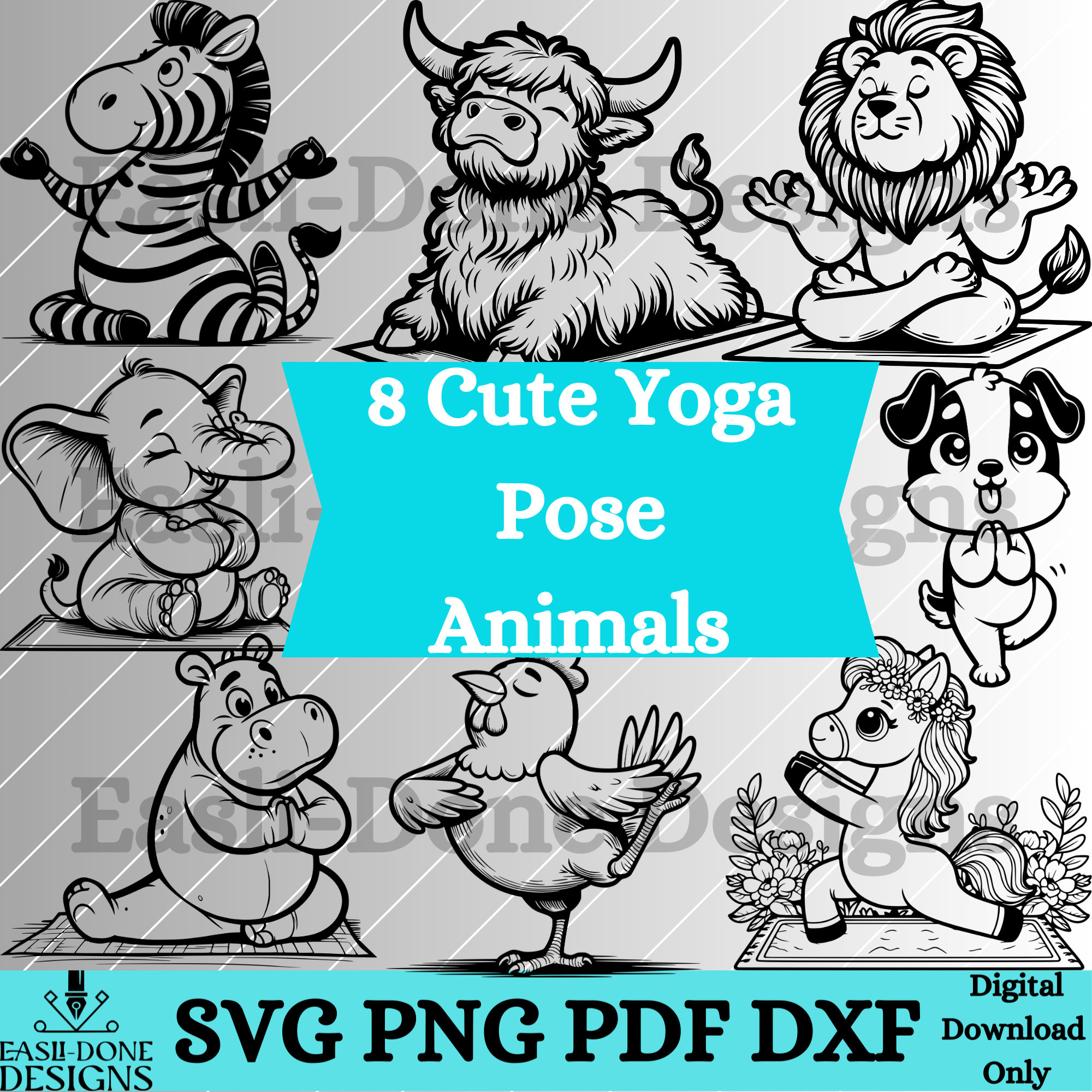Yoga Pose Cute Animal Outline Bundle SVG PNG Pdf and Dxf Files Instant ...