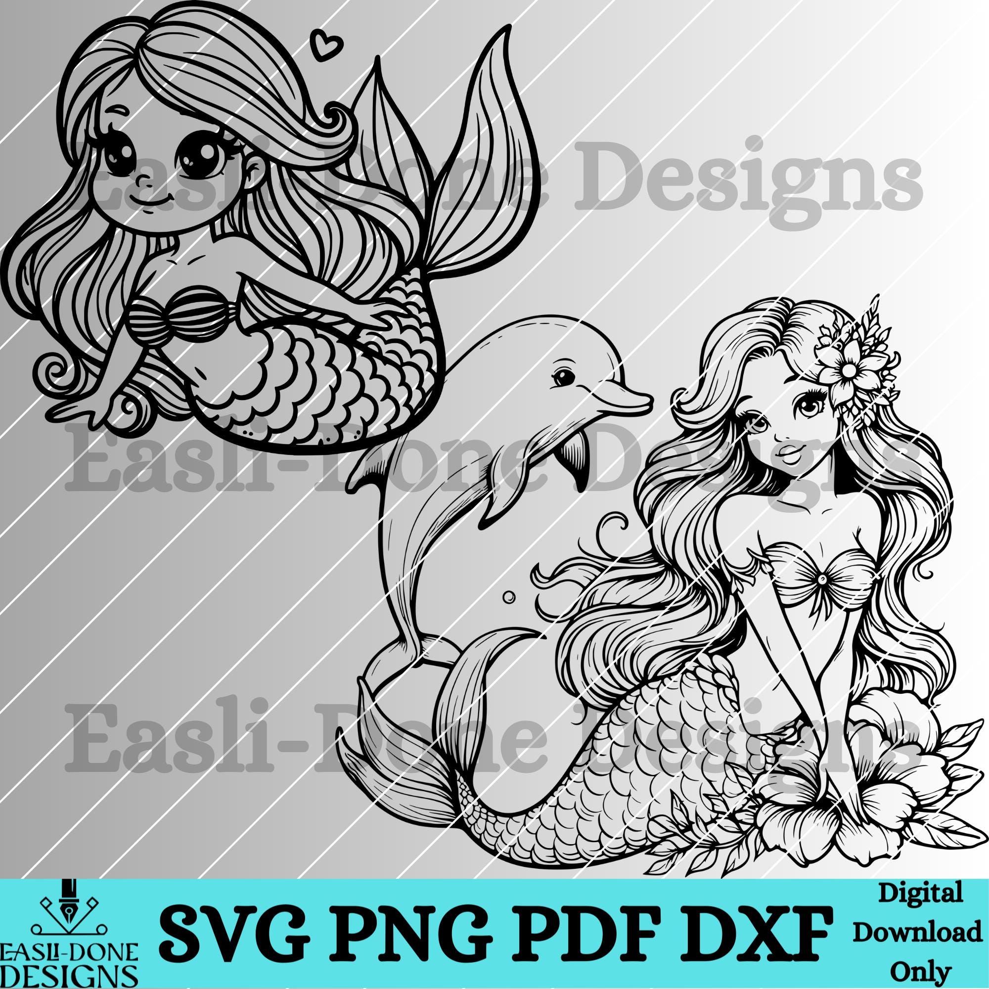 Mermaids Outline Digital File Bundle SVG PNG Pdf Dxf Files Laser and ...