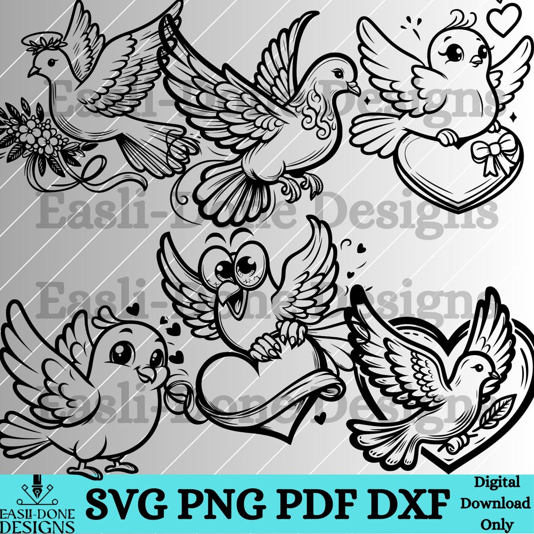Dove Bird Outline Bundle SVG PNG Pdf Dxf File Dove Heart Vector Clipart ...