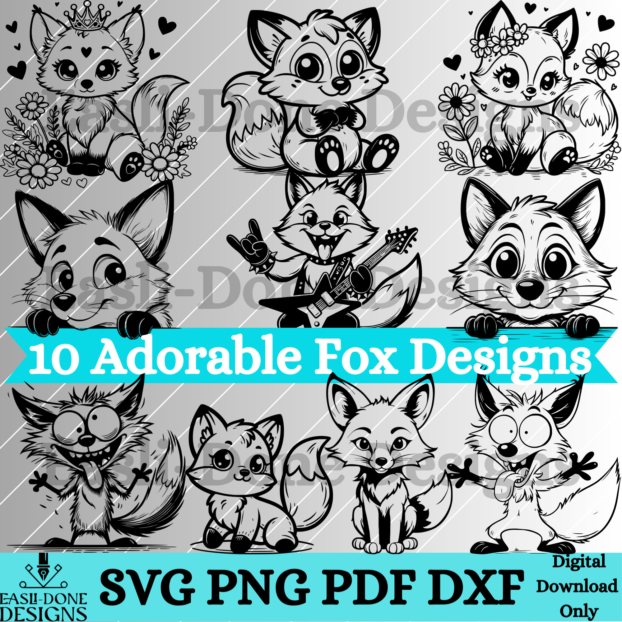 Fox SVG PNG Pdf and Dxf Files Instant Download Bundle 10 Cute Animal ...