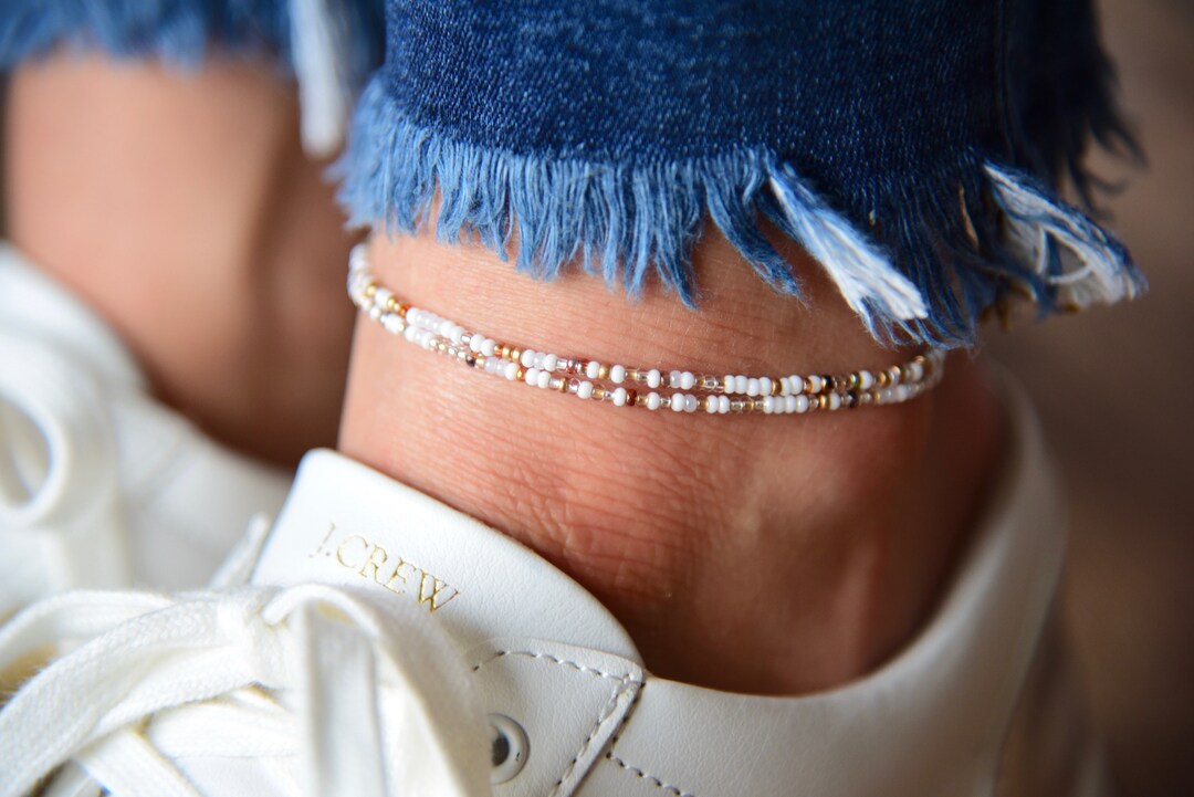 CELESTE Lovely White, Copper and Gold Boho Beaded Anklet Nuetral Double-wrap Anklet Dainty ...