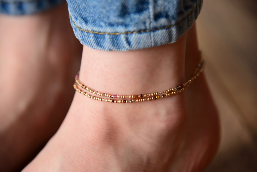 STARDUST - Gold Luster Beaded Anklet - Double Wrap Anklet - Stretchy Anklet - Anklets for Women ...