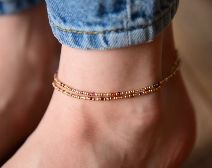 STARDUST Gold Luster Beaded Anklet Double Wrap Anklet Stretchy Anklet ...